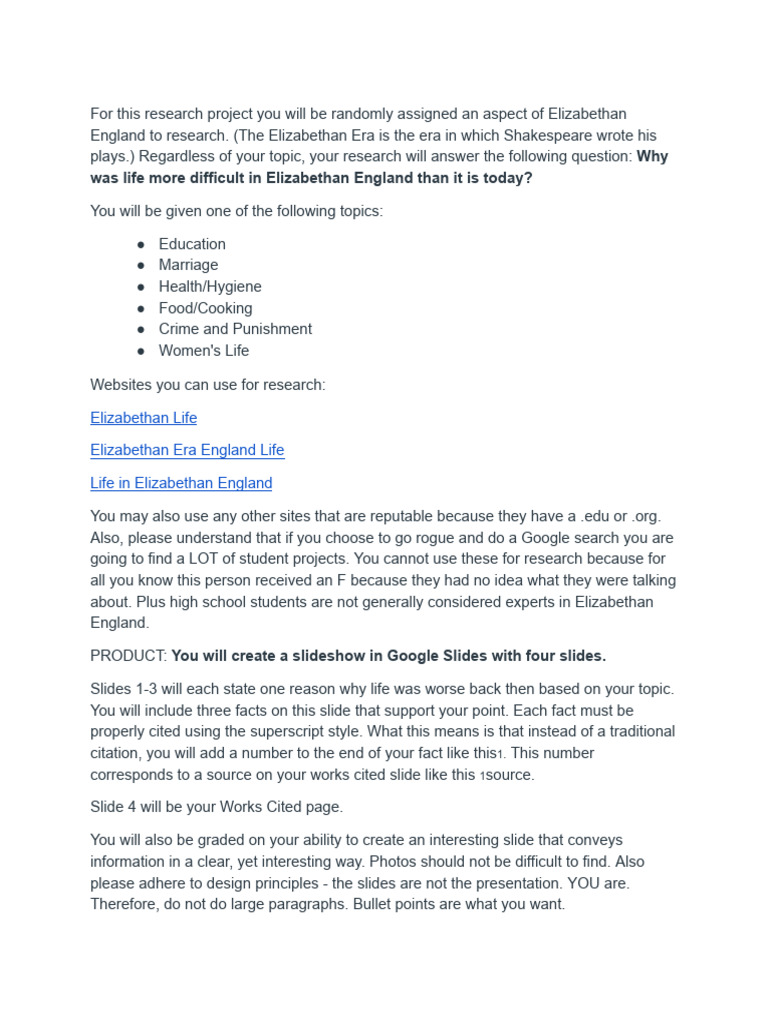 Elizabethan Era Research Project | PDF