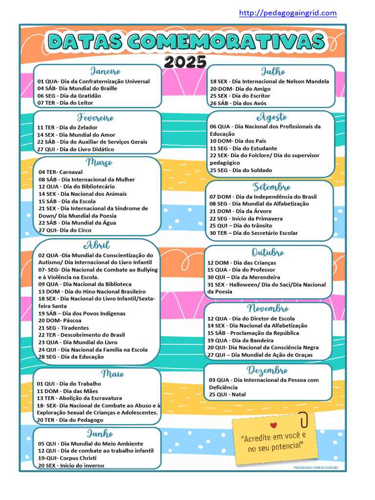 Calendário Escolar 2025: Datas Comemorativas | PDF