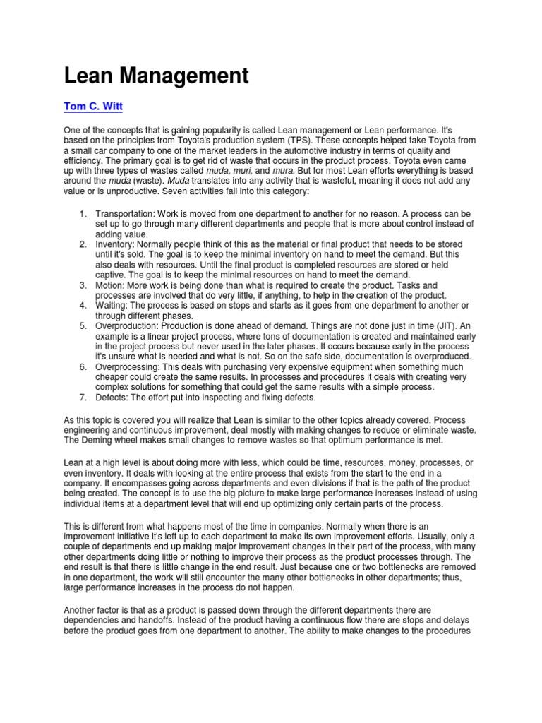Lean Management: Tom C. Witt | PDF | Lean Manufacturing | Process ...