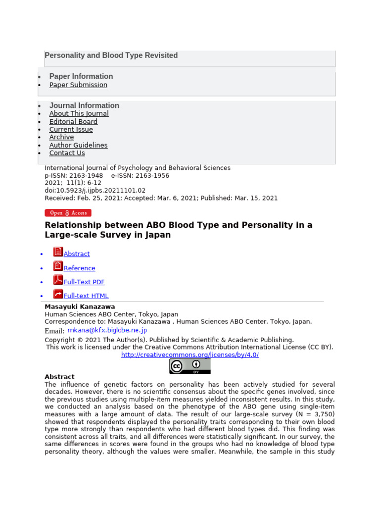 Personality and Blood Type Revisited | PDF | Psychology | Behavioural ...