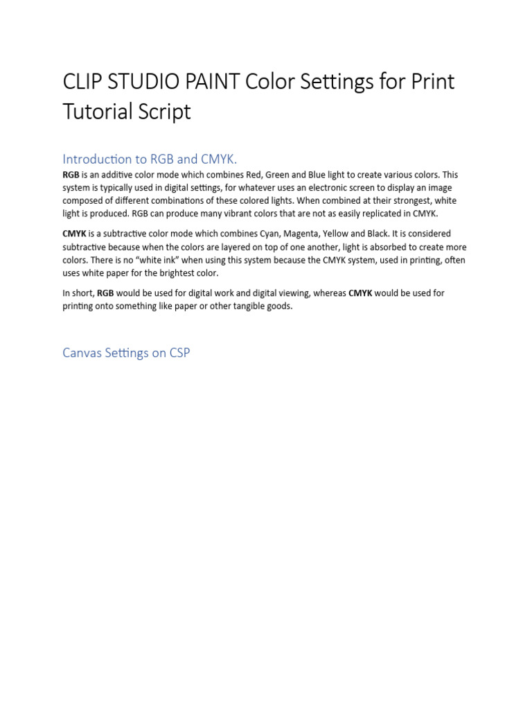 CLIP STUDIO PAINT Color Settings For Print Tutorial | PDF | Rgb Color ...