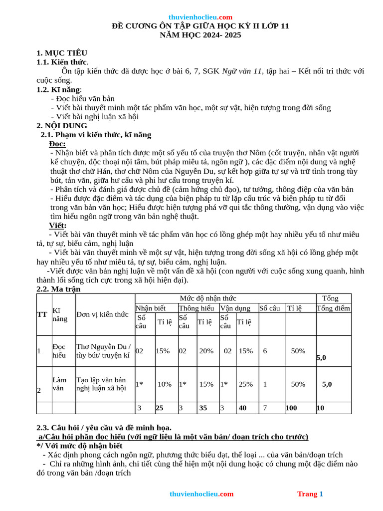 De Cuong Tap Giua HK2 Ngu Van 11 KNTT 24 25 | PDF