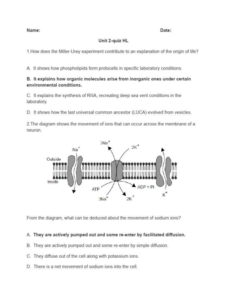 _unit_2-quiz_HL_12B_markscheme (1) | PDF | Cell Membrane | Cell (Biology)