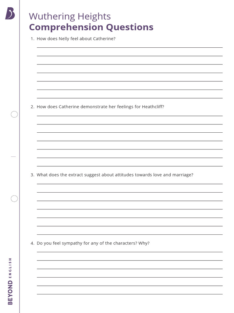 Wuthering Heights Comprehension Questions | PDF | Heathcliff (Wuthering ...
