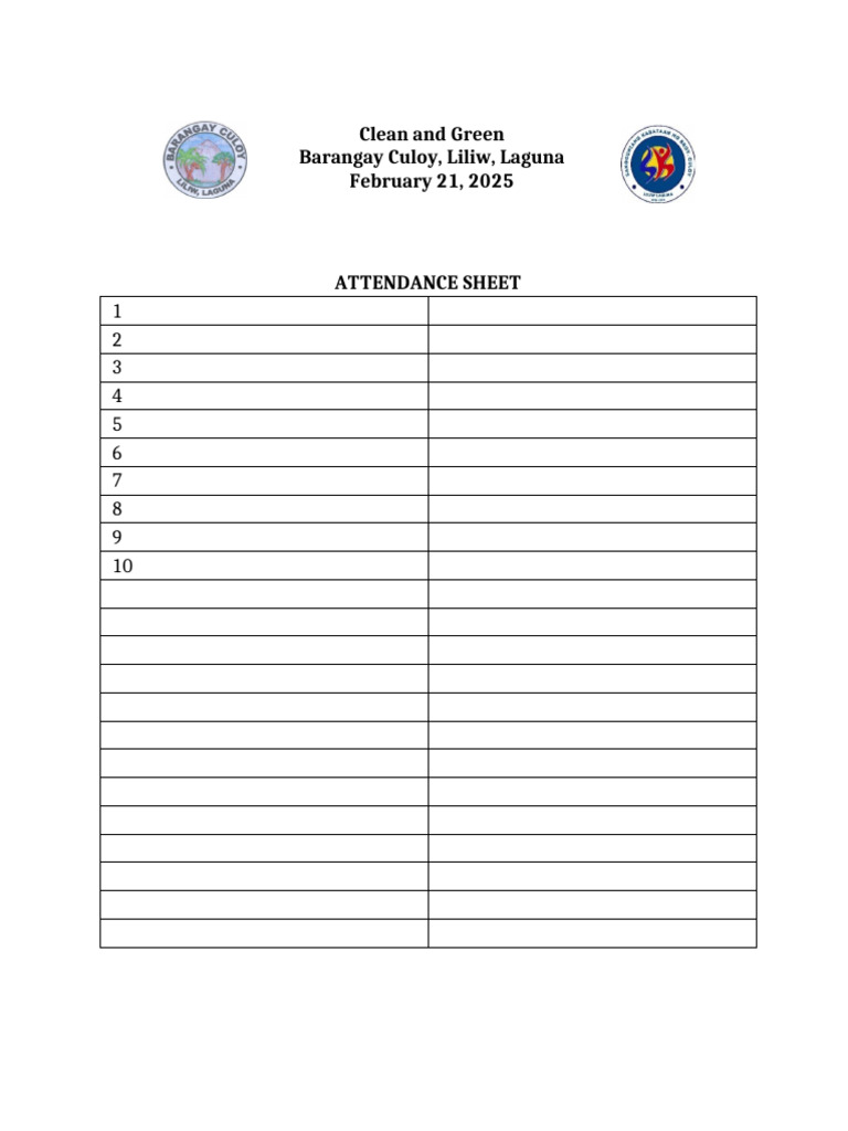 Attendance Sheet for Clean and Green Event | PDF