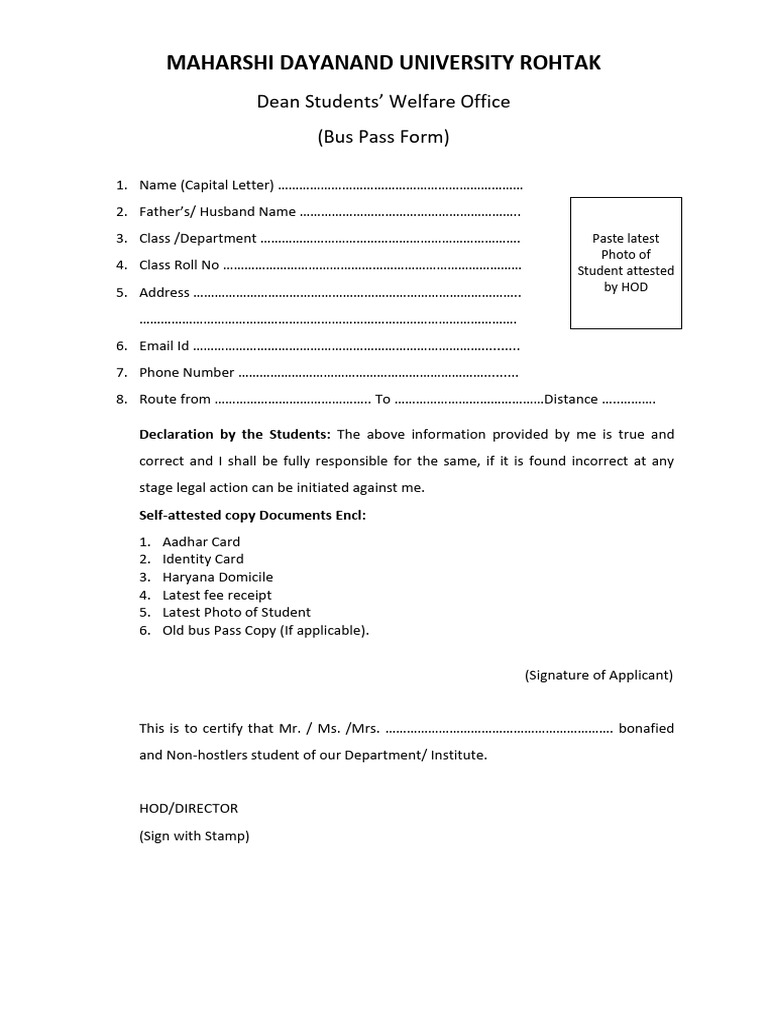 College Bus Pass Application Form | PDF