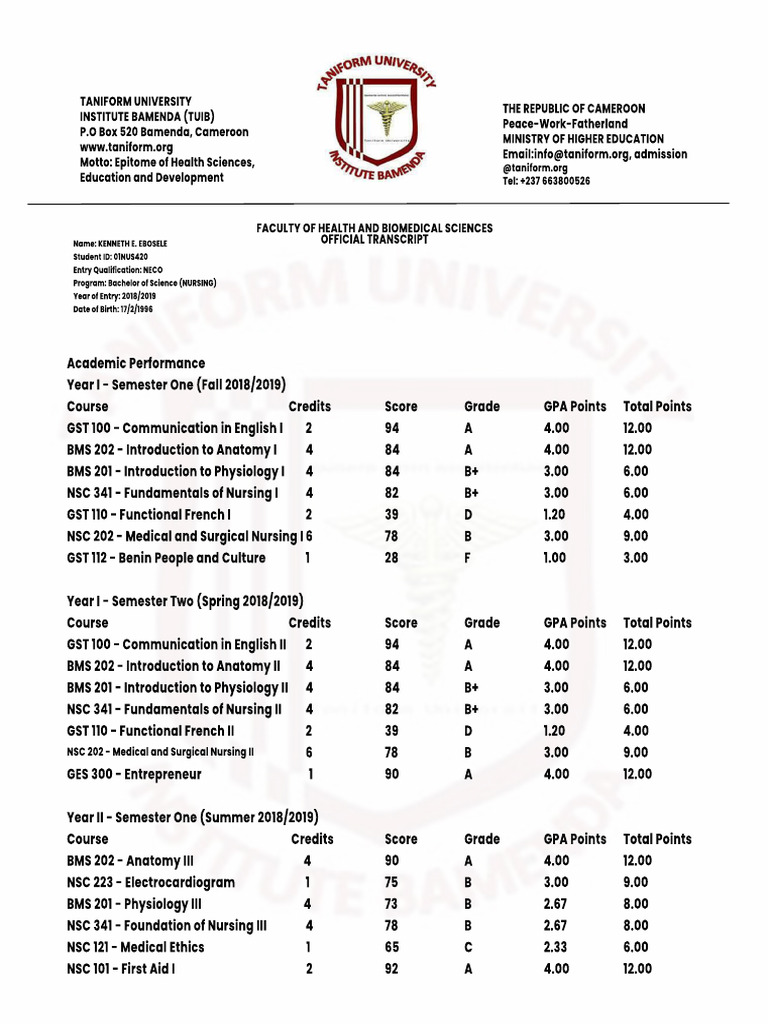 Kenneth E. Ebosele Nursing Transcript | PDF