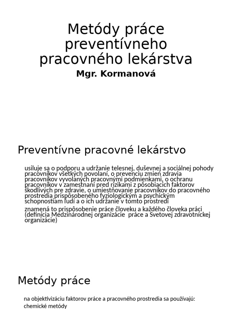 Metódy Práce Preventívneho Pracovného Lekárstva | PDF