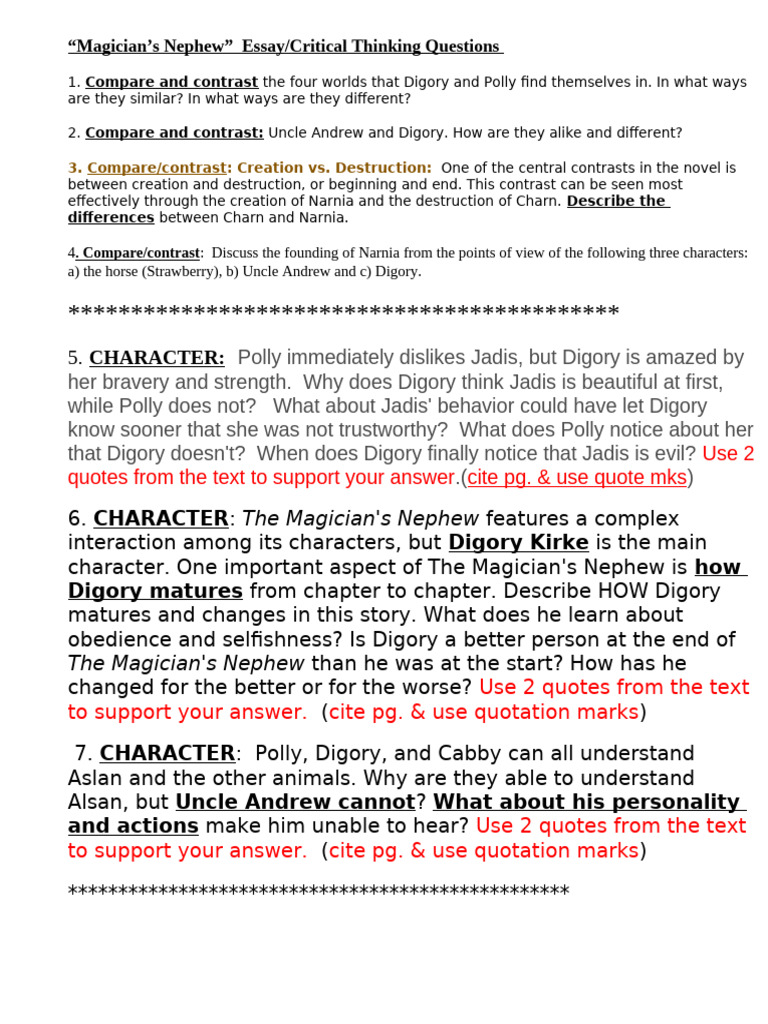 Magicians Nephew Essay Questions | PDF | Aslan | C. S. Lewis