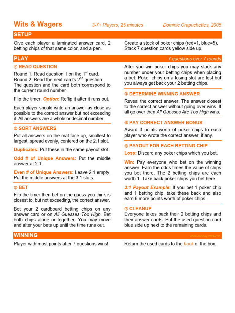 Wits & Wagers Rules & Brief by Liumas | PDF | Poker | Slot Machine