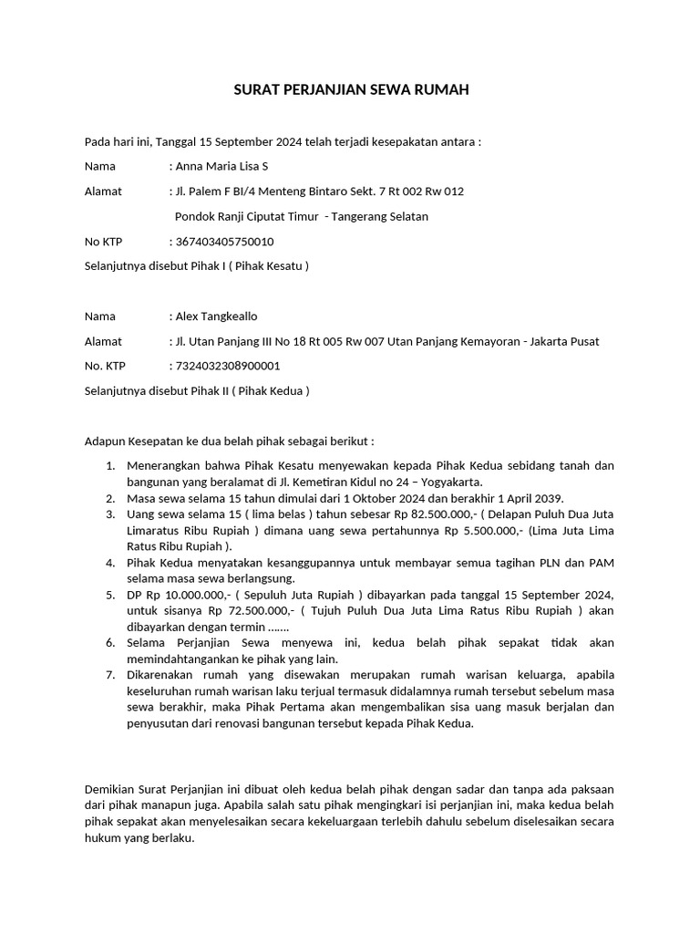 SURAT PERJANJIAN SEWA RUMAH mamah | PDF