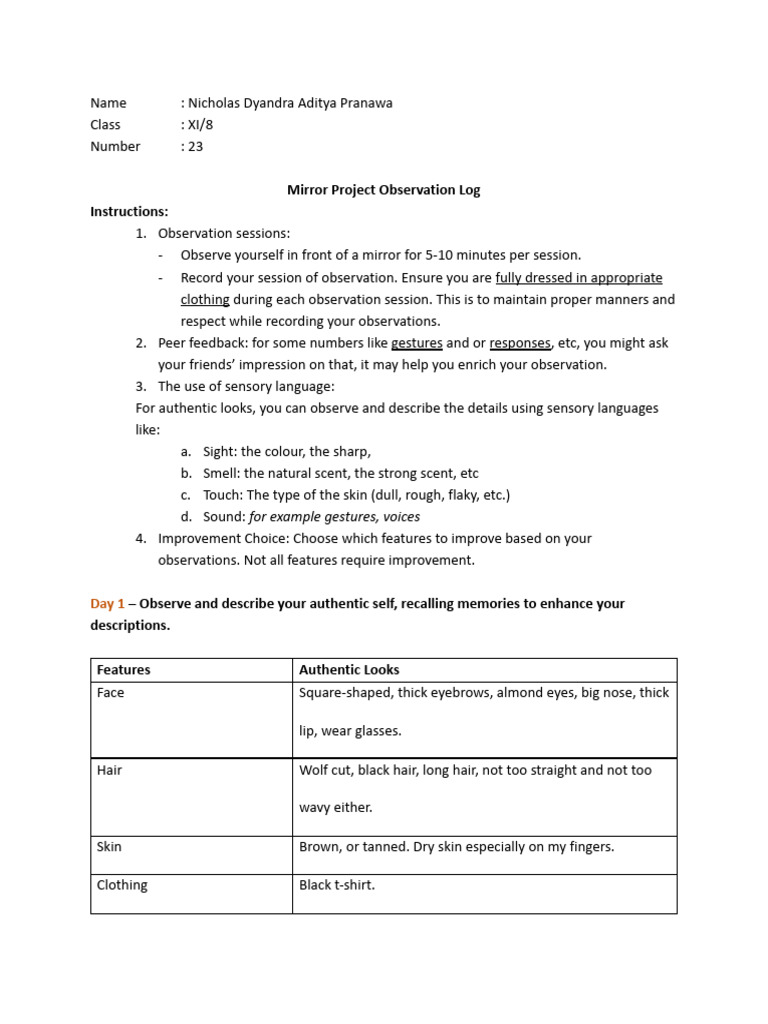 Mirror Project Observation Log_Nicholas Dyandra_XI-8_23 (1) | PDF