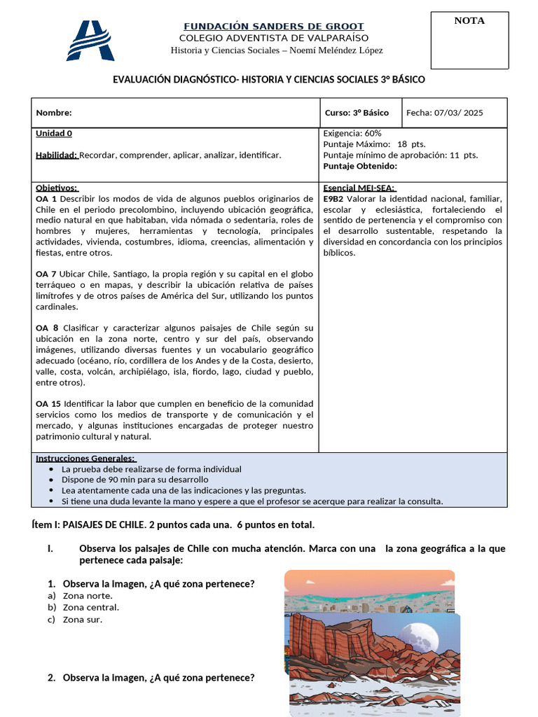 Evaluación Diagnóstica Historia 3° Básico | PDF | Chile