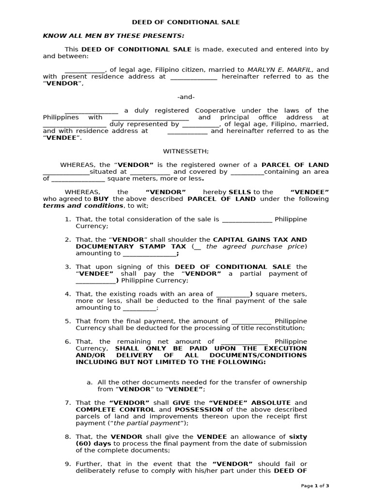 Template of Deed of Conditional Sale | PDF | Title (Property) | Payments