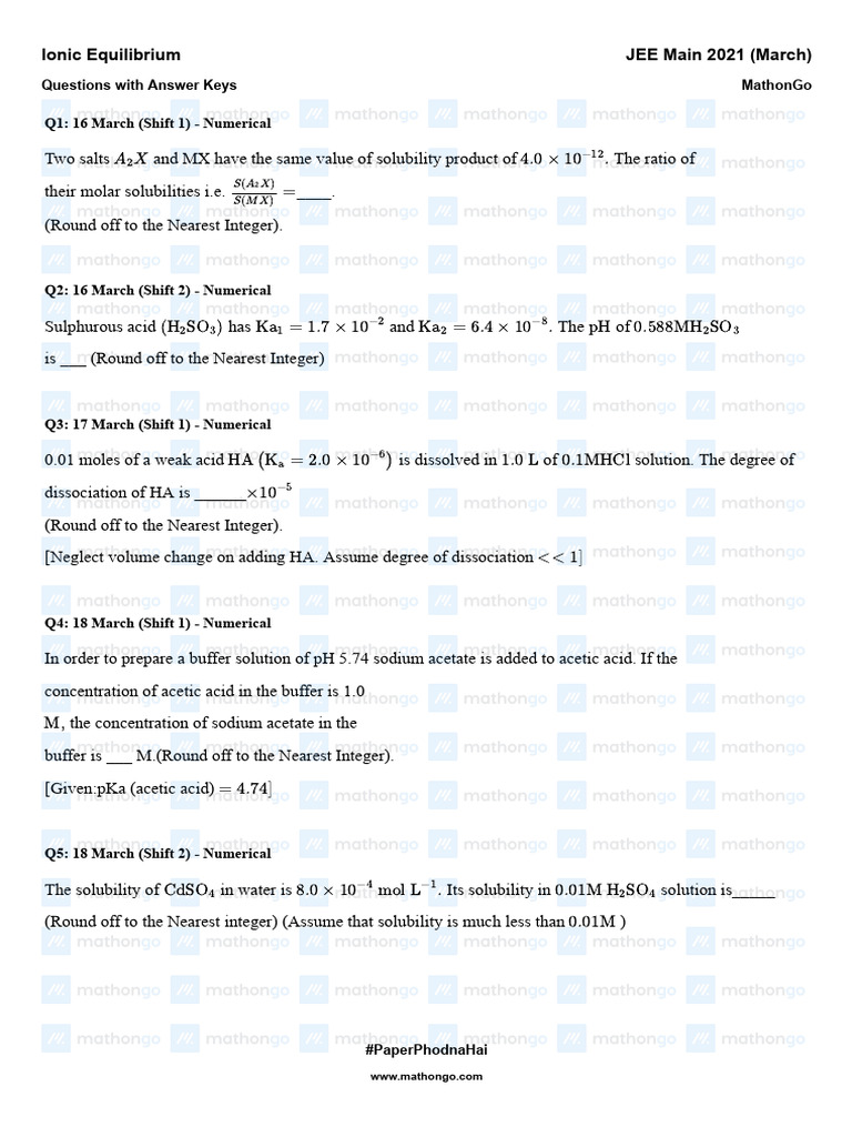 Mathongo Question Ionic Equilibrium Jee Main 2021 March Chapterwise 7qpwv56OuyowErImlWxI | PDF ...