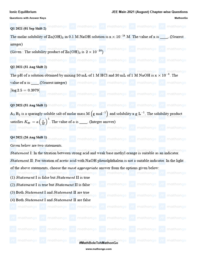Ionic Equilibrium - JEE Main 2021 August Chapter-wise - MathonGo | PDF | Acid | Titration