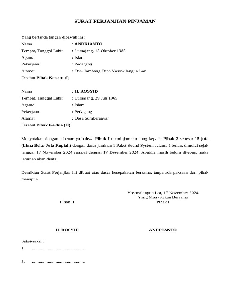 Surat Perjanjian Pinjaman | PDF