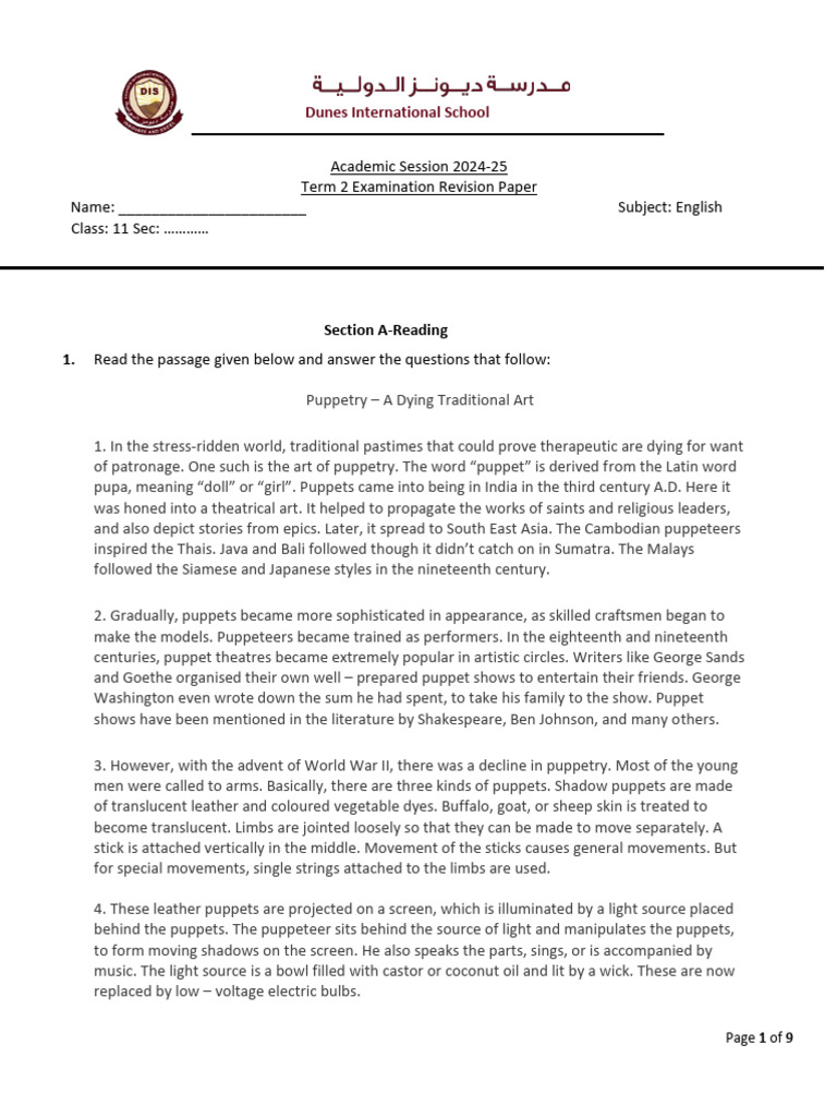 GR 11 Term 2 Revision Worksheet | PDF | Puppets | Puppetry