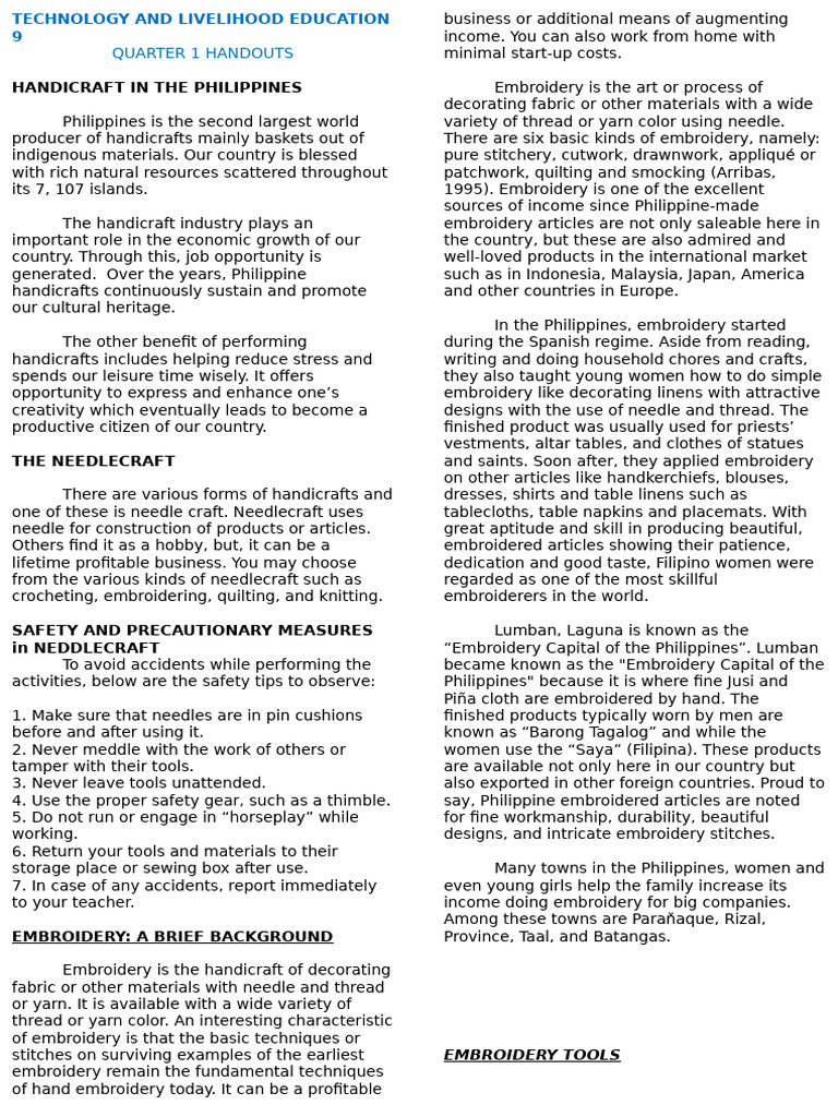 HANDICRAFT 9 Q1 Handouts | PDF | Embroidery | Yarn