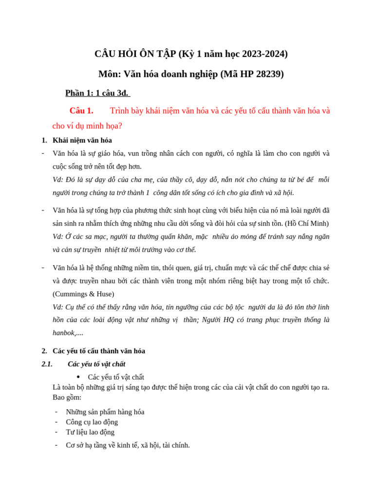 VHDN CÂU HỎI ÔN TẬP kỳ 1 | PDF