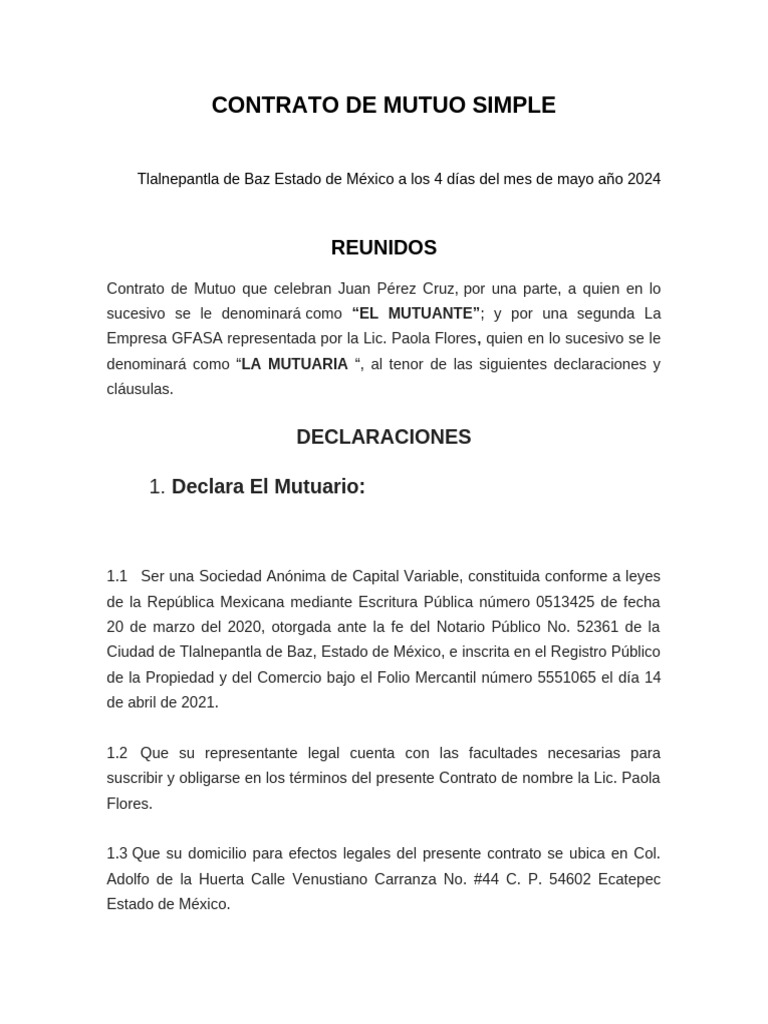 Contrato de Mutuo Simple | PDF