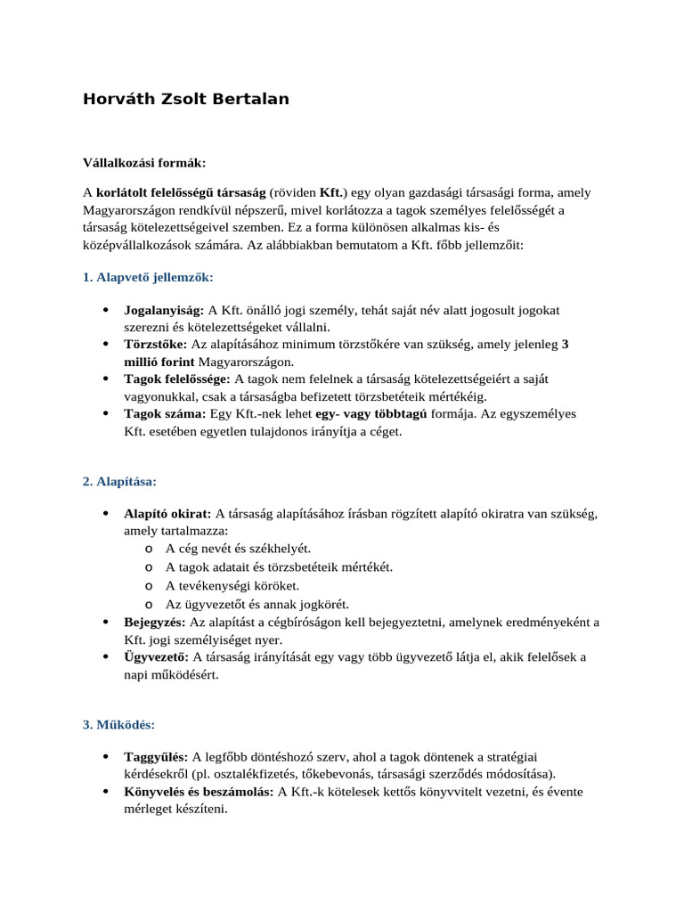 Horváth Zsolt Bertalan Vállalkozási Formák Beadandó | PDF