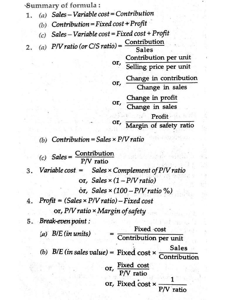 Summary Formulae - CVP Analysis - Unit 4 - CMA 2 | PDF