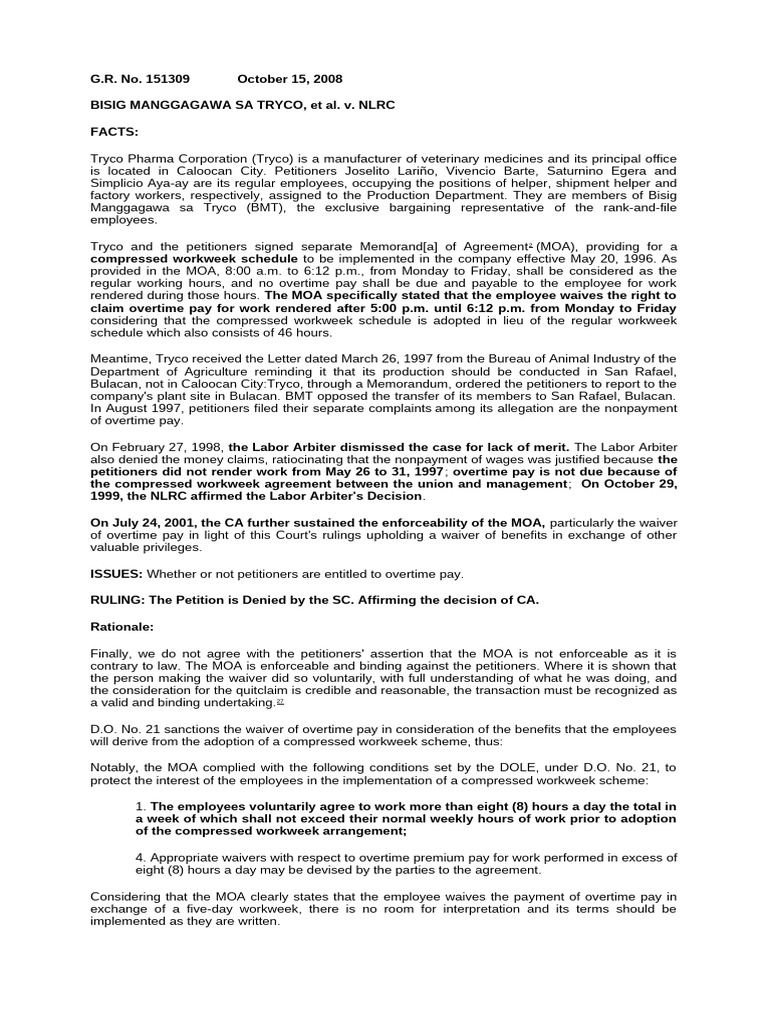 Overtime Pay Waiver in Compressed Workweek | PDF | Overtime | Workweek ...