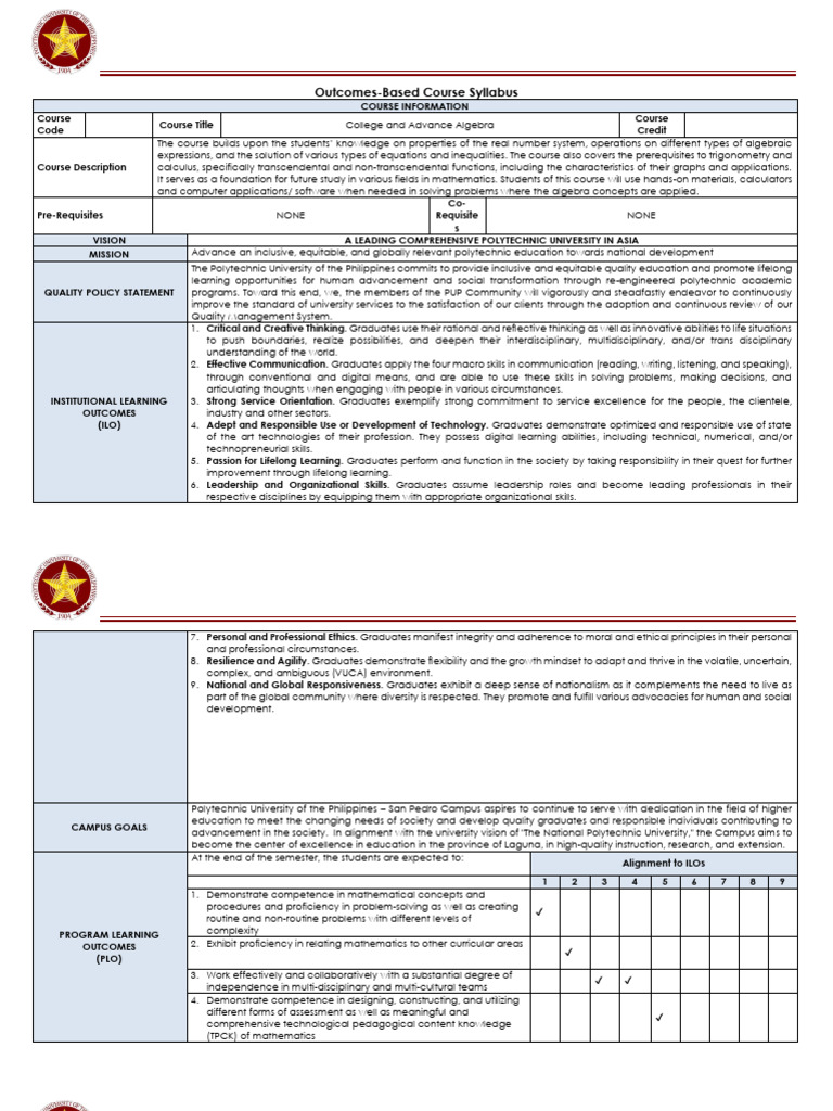 College and Advance Algebra Syllabus | PDF | Curriculum | Factorization