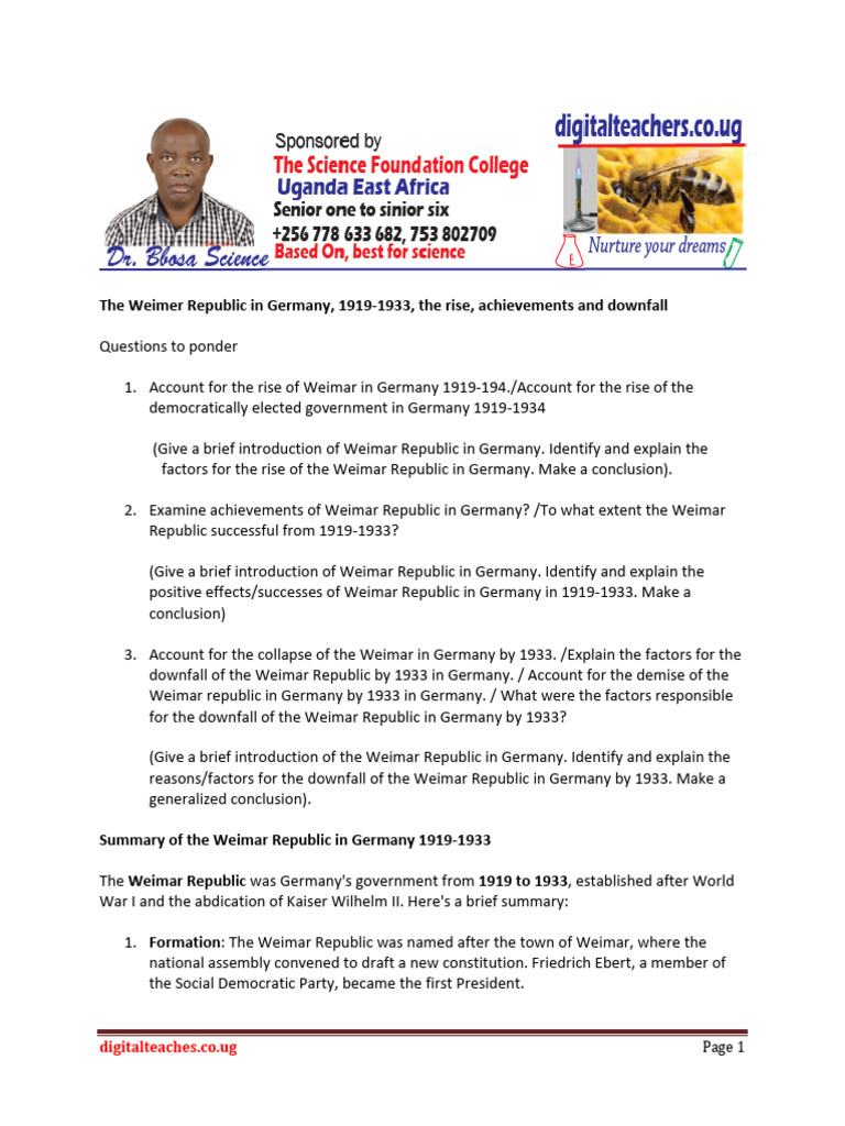 Weimar Republic: Rise and Fall (1919-1933) | PDF | Weimar Republic ...