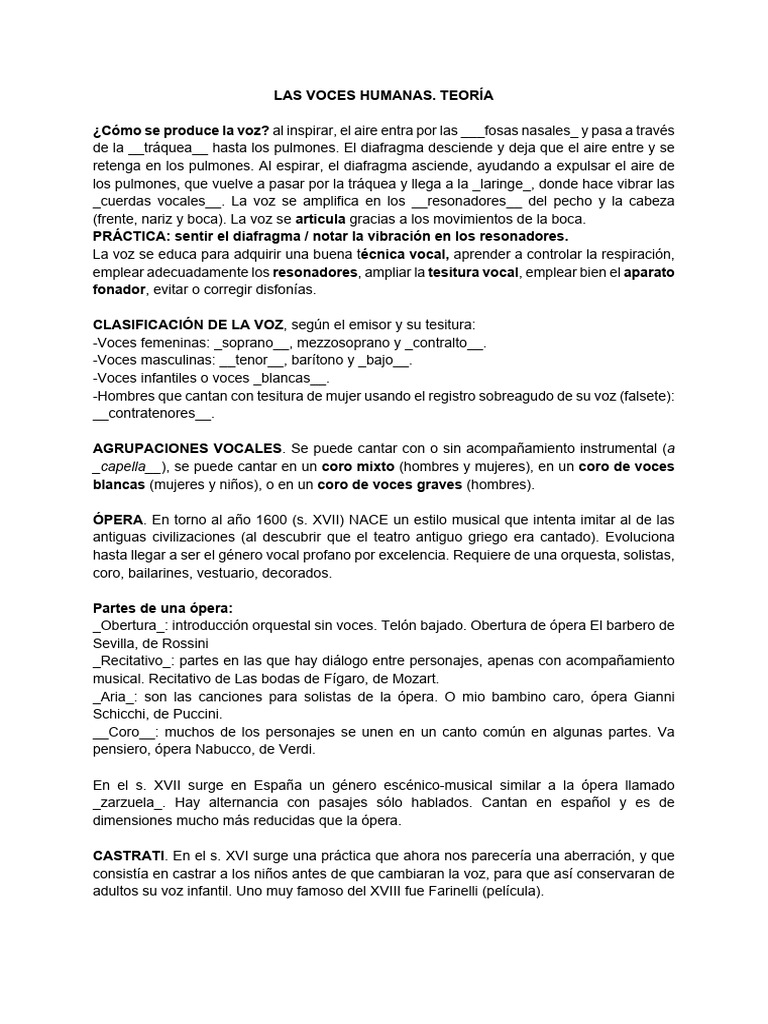 Las Voces Humanas - Rellena - EJERCICIOS | PDF | Ópera | Coro