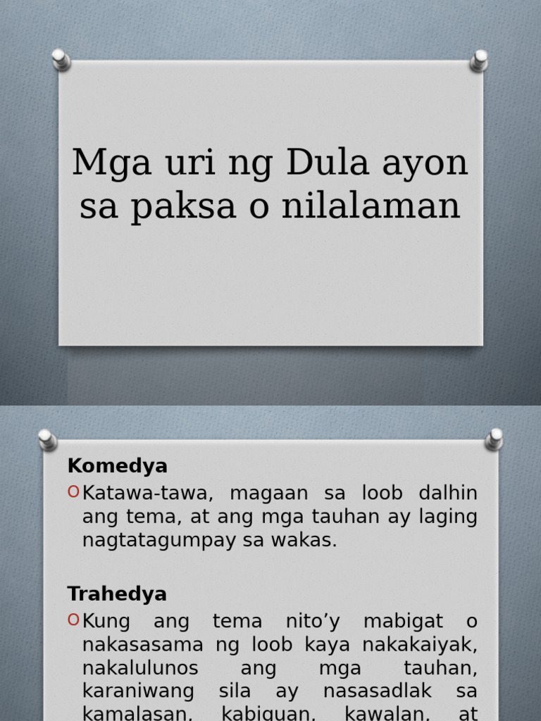 Uri ng Dula ayon sa Paksa o Nilalaman | PDF