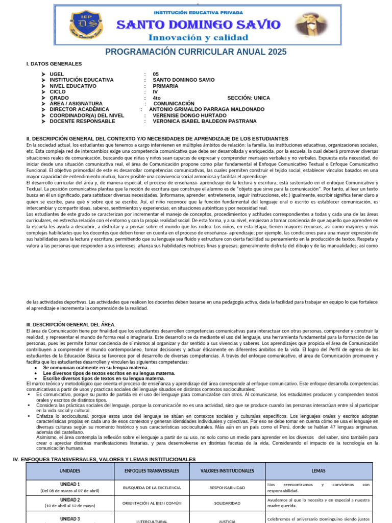 PROGRAMACIÓN CURRICULAR ANUAL 2025 COM 4TO | PDF | Enseñando | Aprendizaje