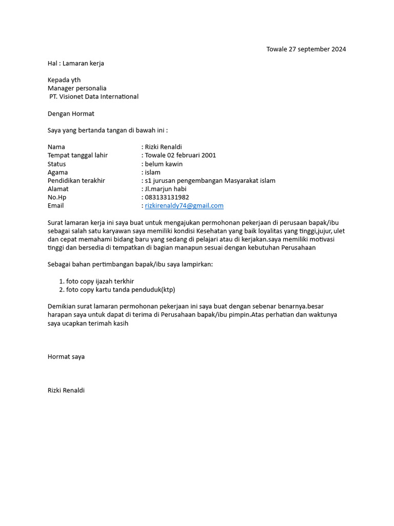 Surat Lamarn Kerja | PDF