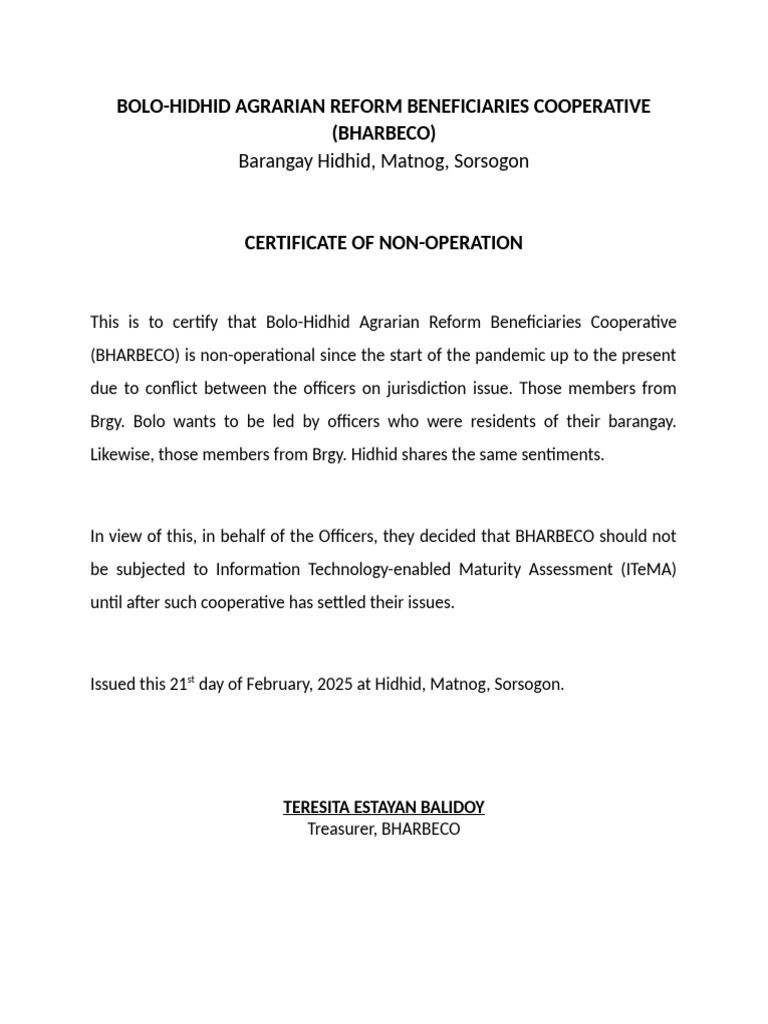 BHARBECO Non-Operation Certificate | PDF