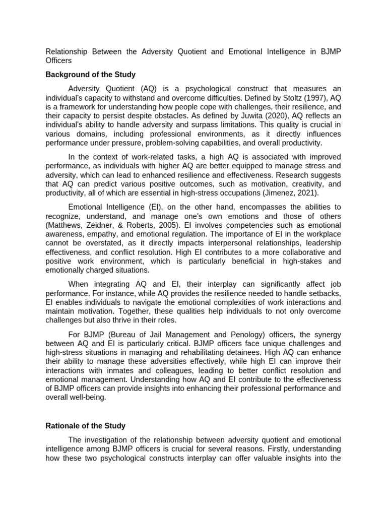 Relationship Between the Adversity Quotient and Emotional Intelligence ...