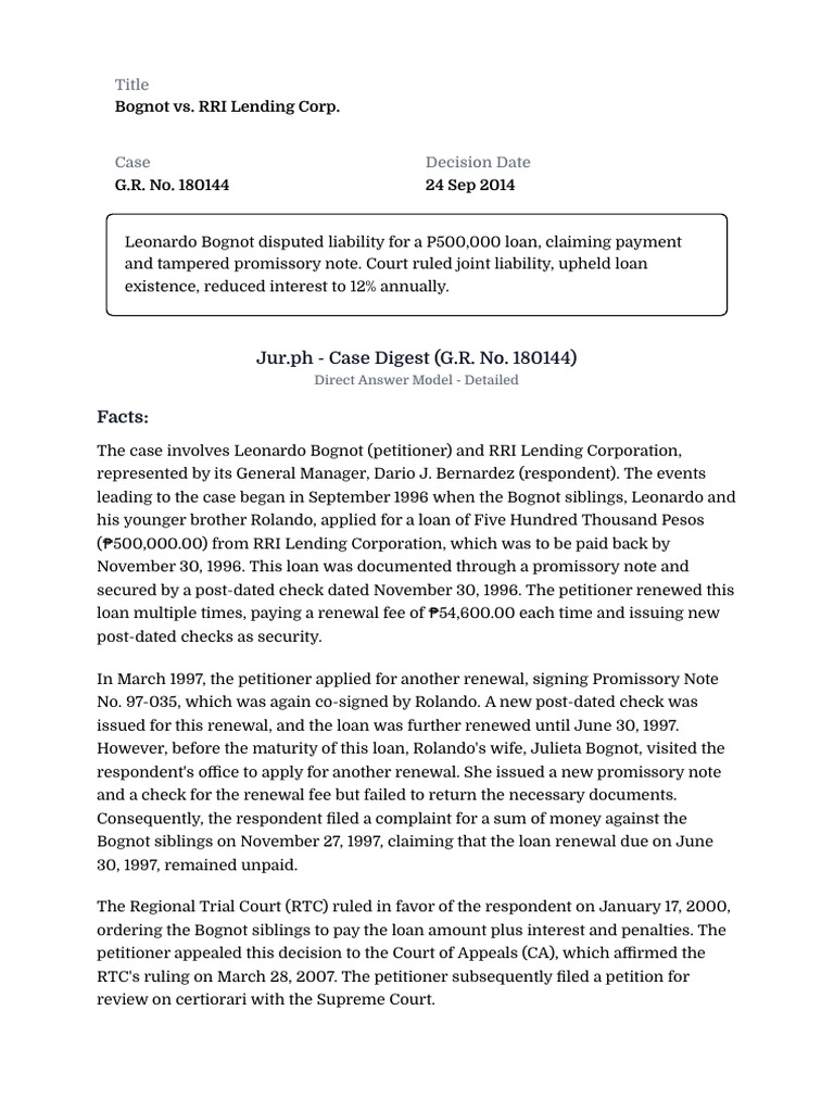 Bognot vs. RRI Lending Corp 2 | PDF | Loans | Promissory Note