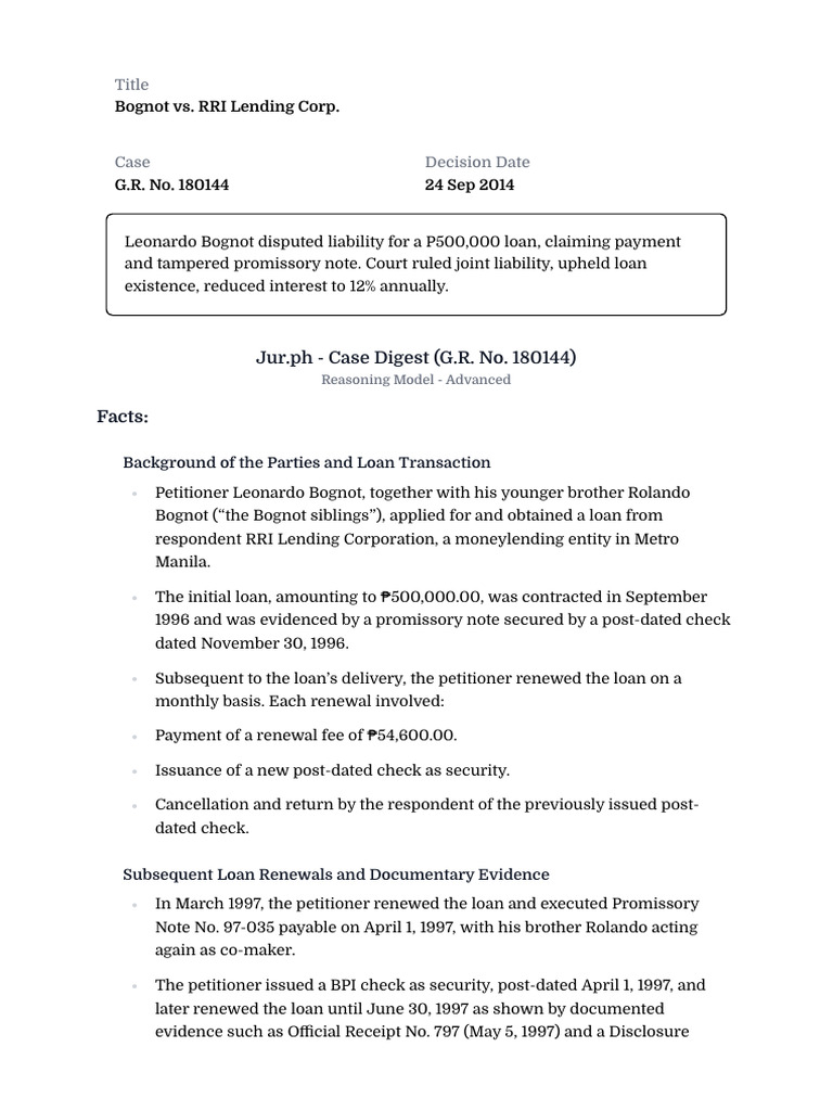 Bognot vs. RRI Lending Corp. | PDF | Loans | Burden Of Proof (Law)