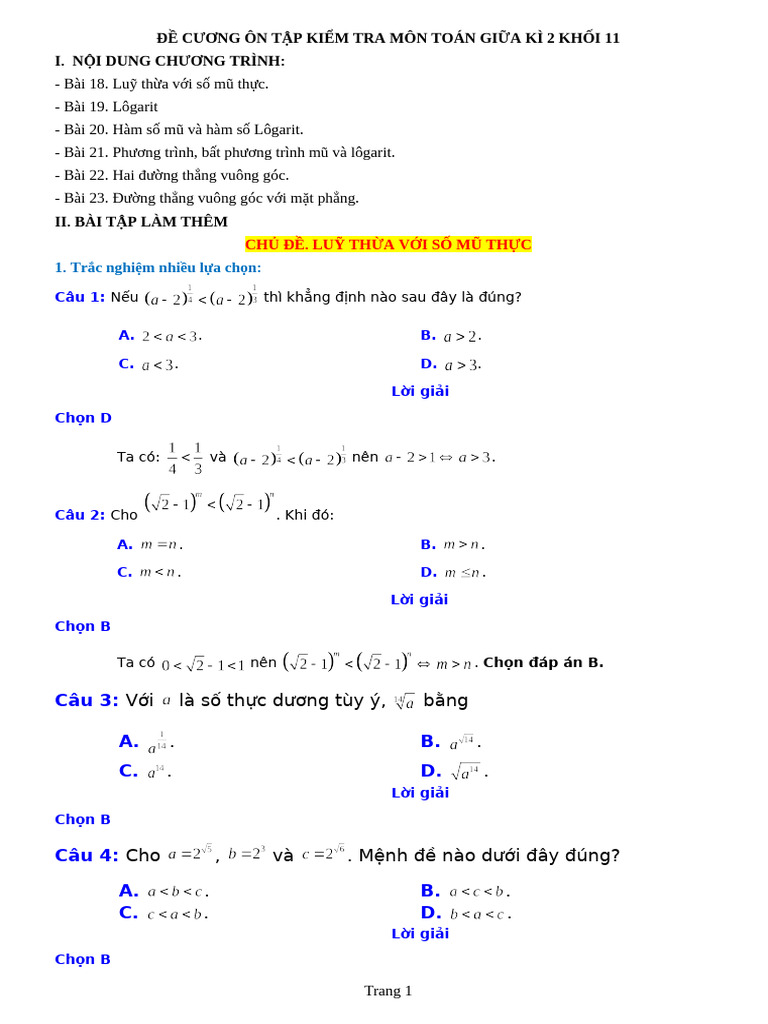 De Cuong Giua Ki 2 Mon Toan Khoi 11 (Lời Giải) (1) | PDF