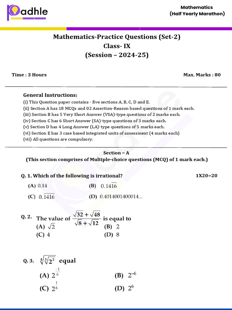Mathematics Practice Questions (Set 2) 9th | PDF | Cartesian Coordinate ...