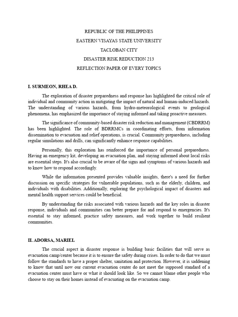 Surmeon - DRR 213 - Module 5 - Reflection Report | PDF | Emergency ...