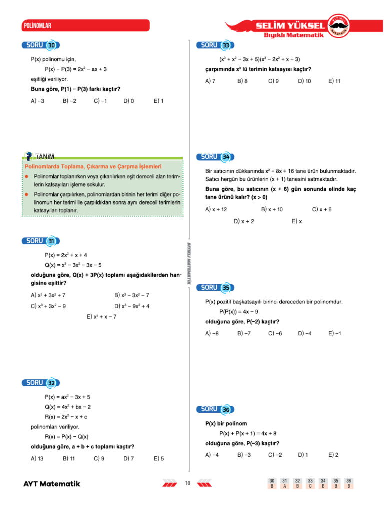 Ayt Matematik Polinomlarda Islemler Konu Anlatimi PDF | PDF