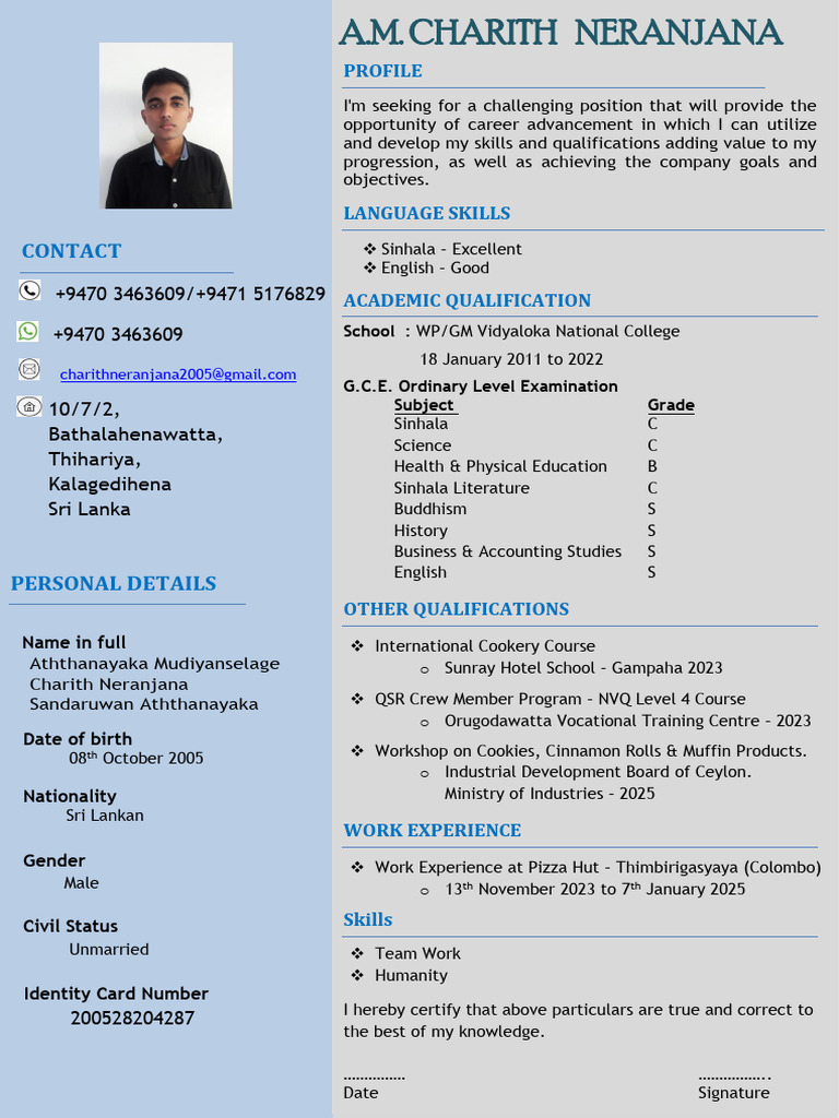Charith CV | PDF | Sri Lanka | Educational Stages