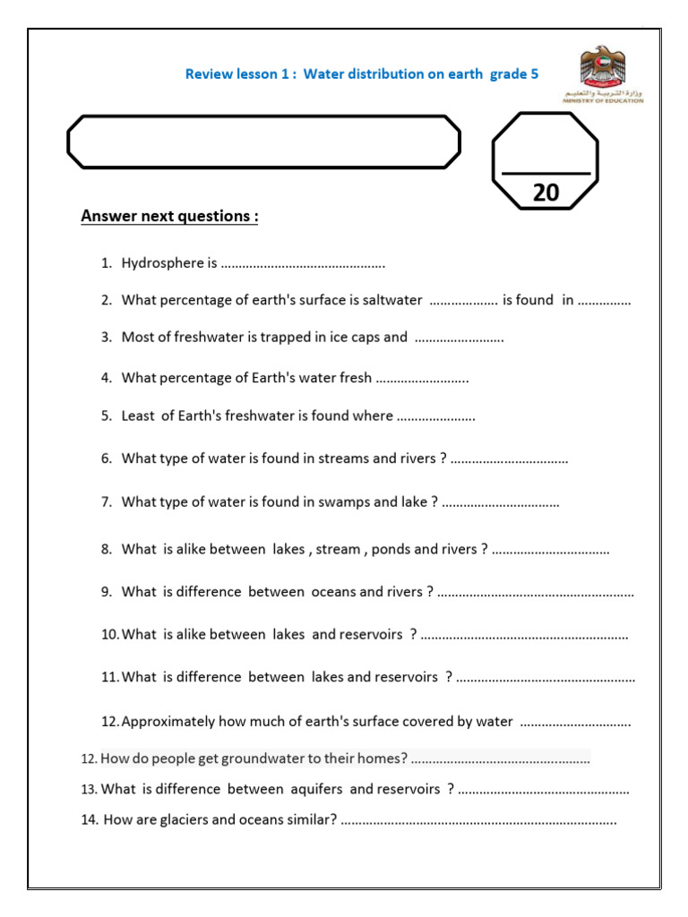 new Review lesson 1 water disteribution on earth grade 5 | PDF