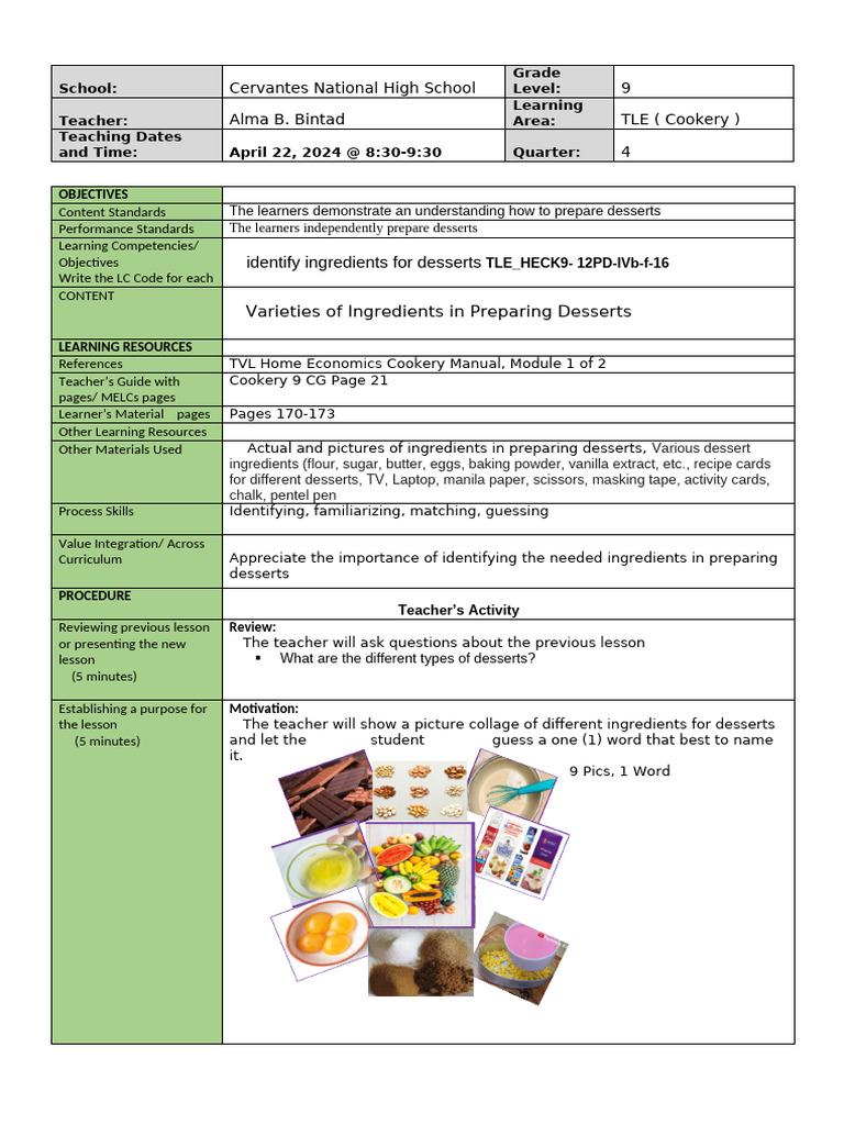COT 3 Lesson Plan in Cookery 9 | PDF | Desserts | Custard