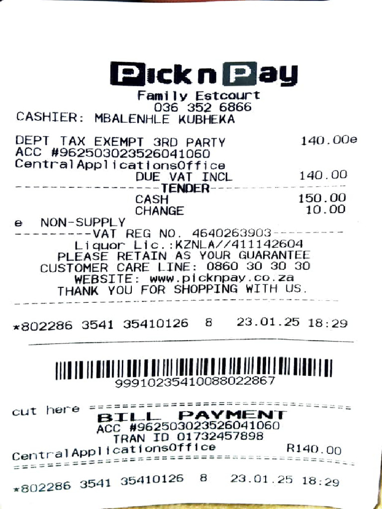 PicknPay Estcourt Transaction Receipt | PDF