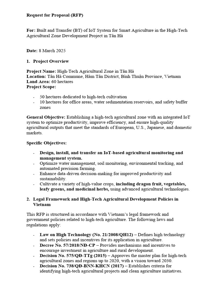 RFP for IoT System in Tân Hà Agriculture | PDF | Agriculture | Internet ...