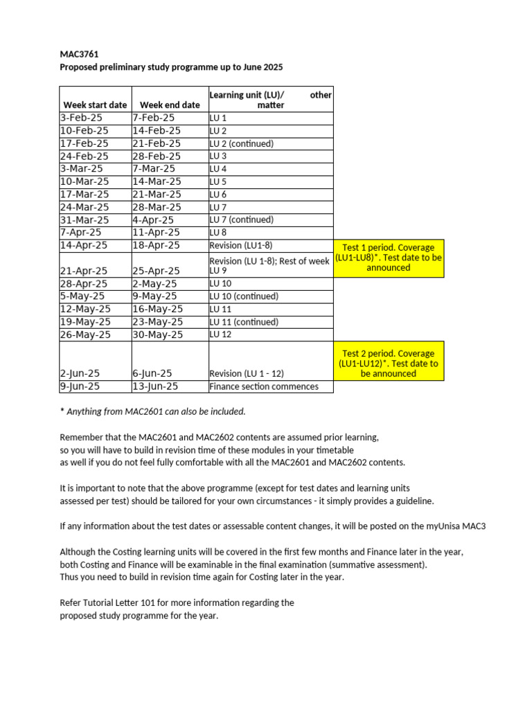 Proposed MAC3761 Study Programme Up To June 2025 | PDF