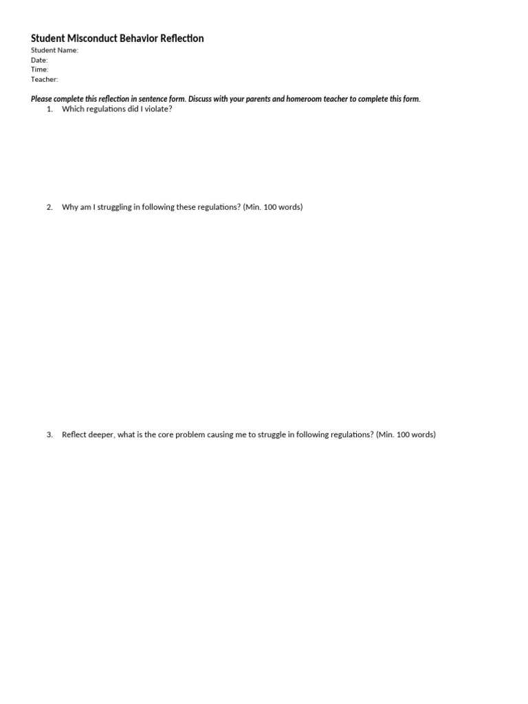 Student Behavior Reflection Template | PDF