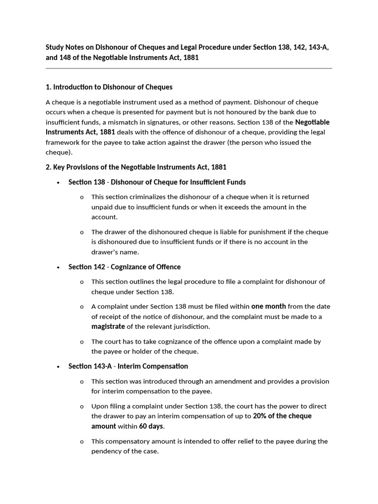 Dishonour of Cheques: Legal Guide | PDF | Cheque | Negotiable Instrument